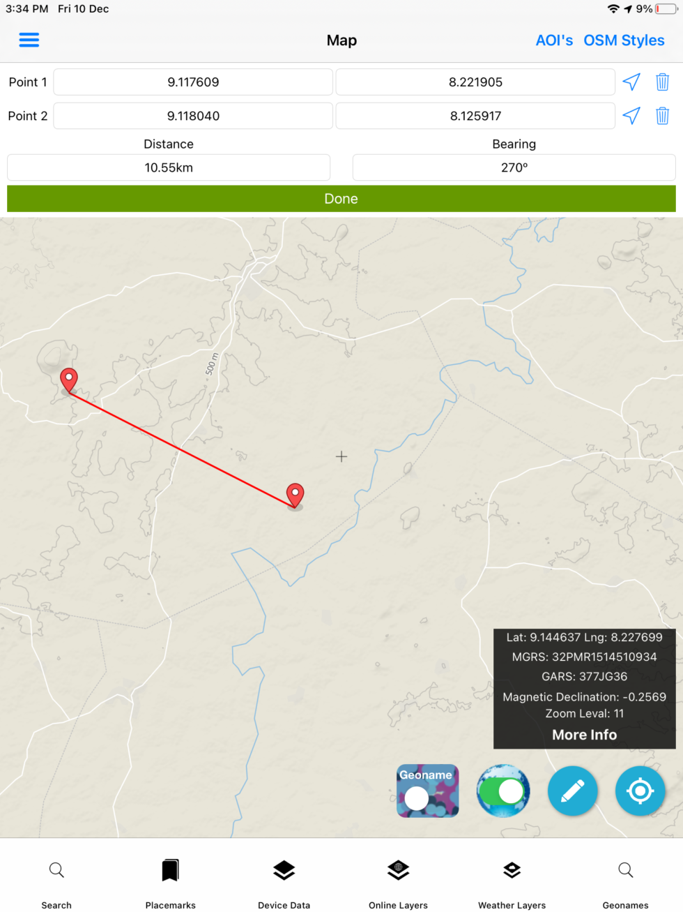 Distance and Bearing | GeoNames Map Explorer iOS App